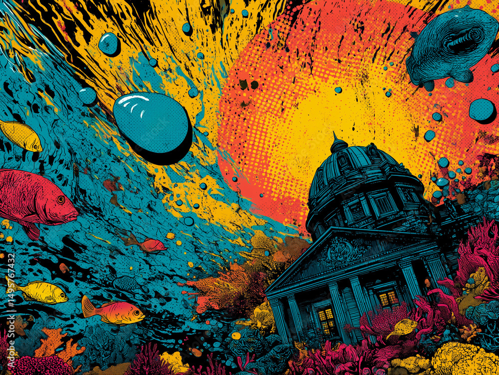 Abandoned temple deep under the ocean, rendered in bold pop art style ...