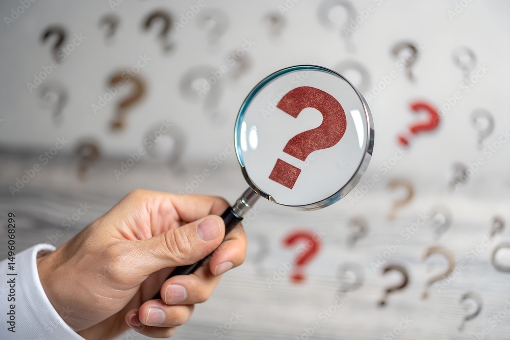 Question mark and root cause analysis concept. Hand holding magnifying glass over large question ...