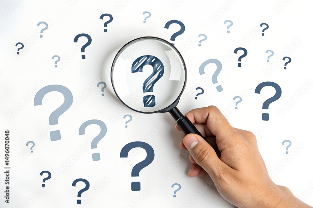 Question mark and root cause analysis concept. Hand holding magnifying glass over large question ...