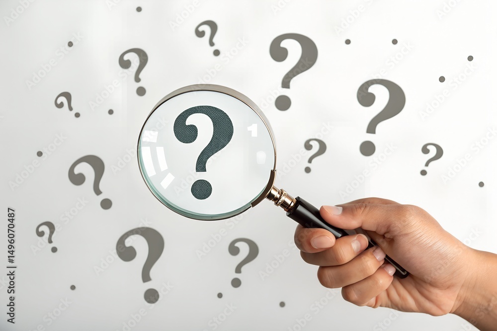 Question mark and root cause analysis concept. Hand holding magnifying ...