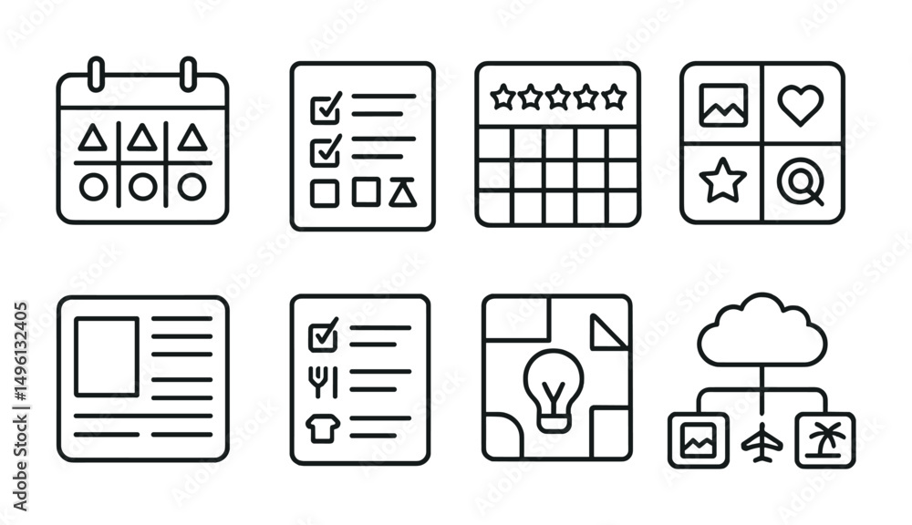 Line style icons of visual planning and journaling: calendar with ...