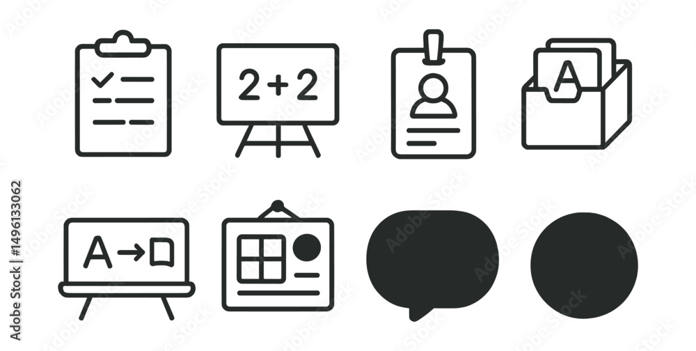Line style icons of teaching tools: lesson plan icon, whiteboard badge ...