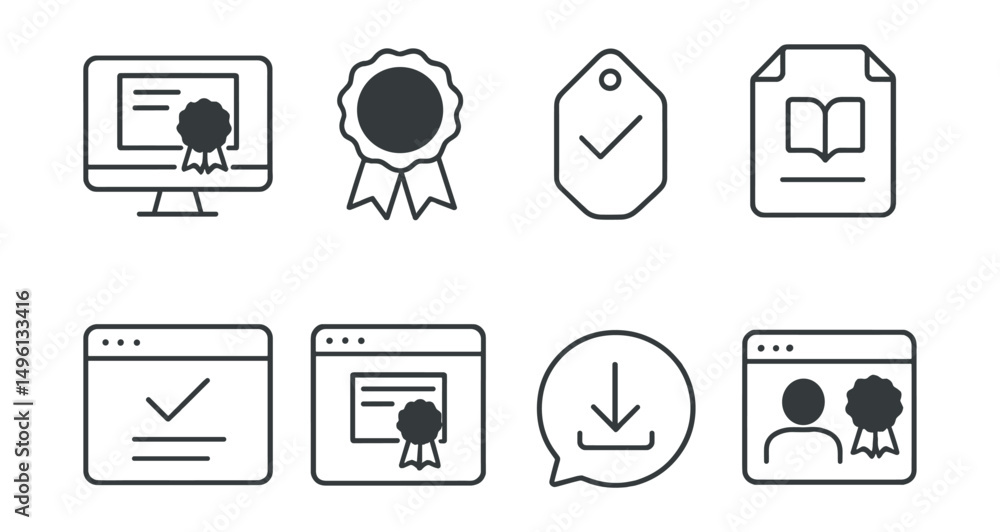 Line style icons of digital certificates: online certificate icon, e ...