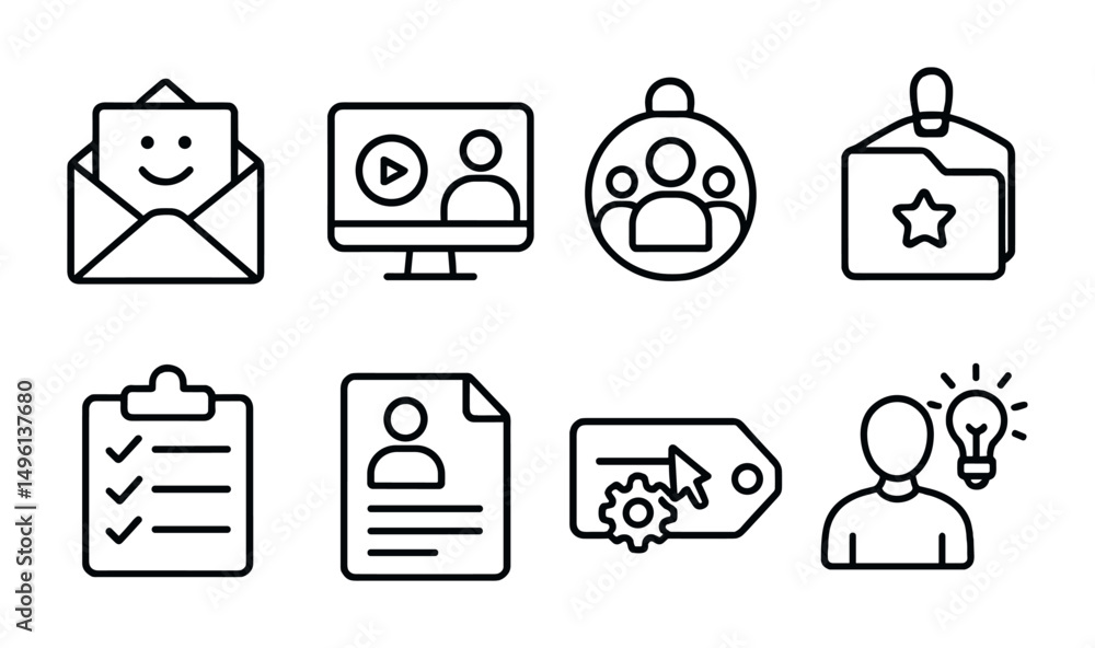 Line style icons of remote onboarding: welcome email icon, virtual ...