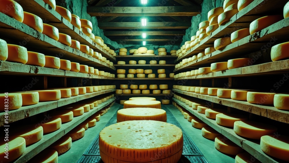 Stock-Foto „Aging rooms with shelves in cheese caves, central area for ...