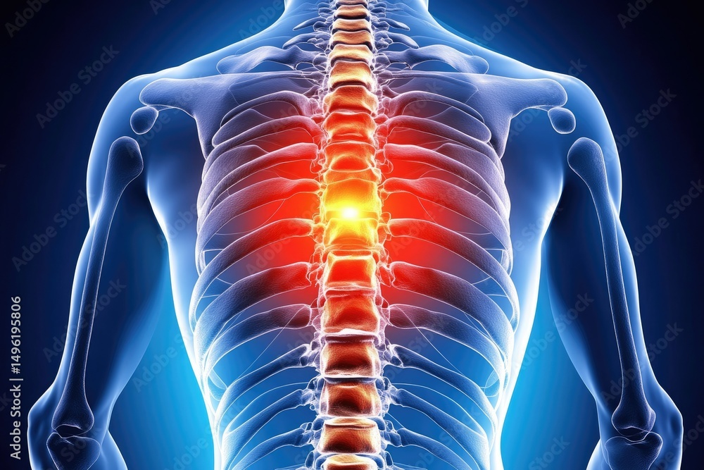 A posterior view of a human anatomy illustration highlighting the spine ...