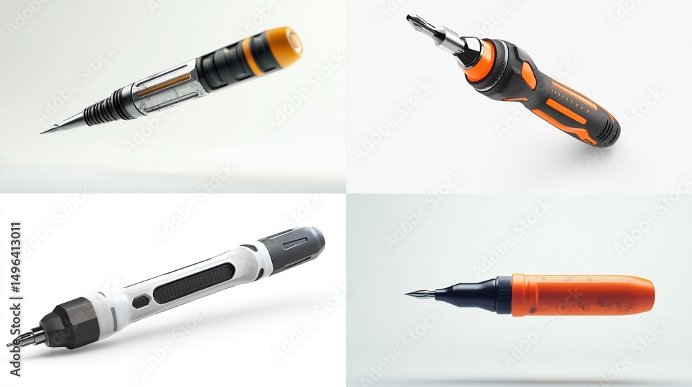 Four futuristic screwdrivers in various color combinations, angled ...