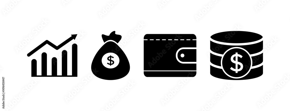 wallet money bag dollar coins growing chart finance business icon set ...