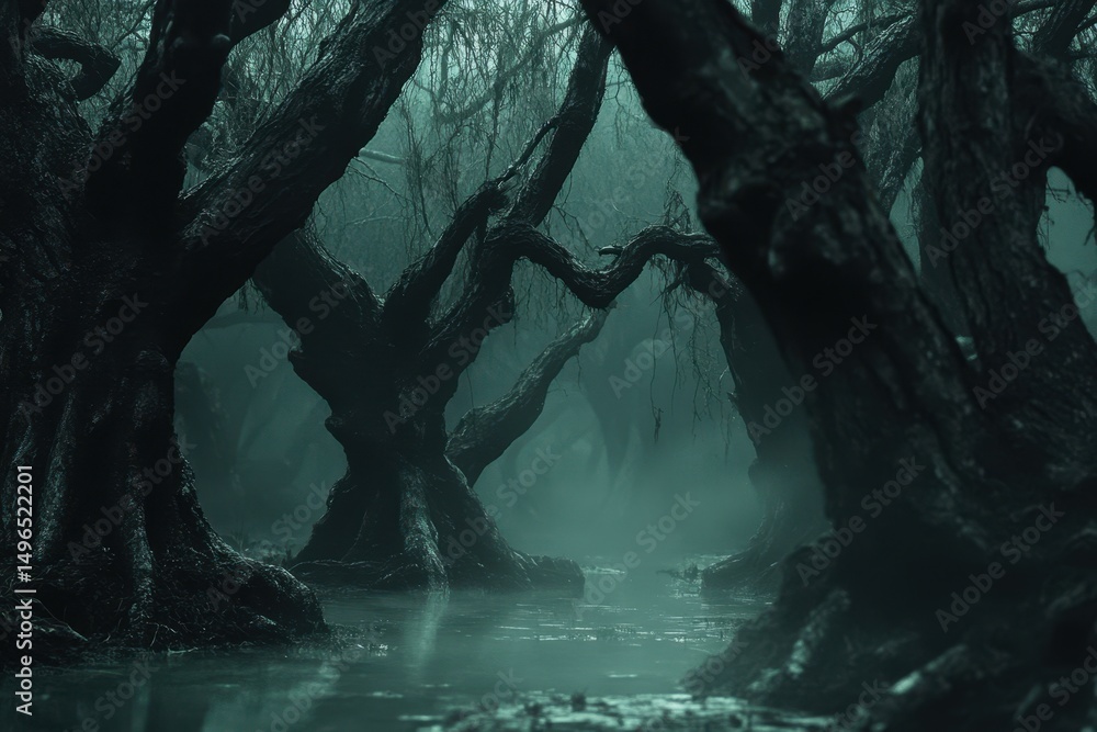 Cursed swamp with twisted trees wrapped in mist creates an eerie ...