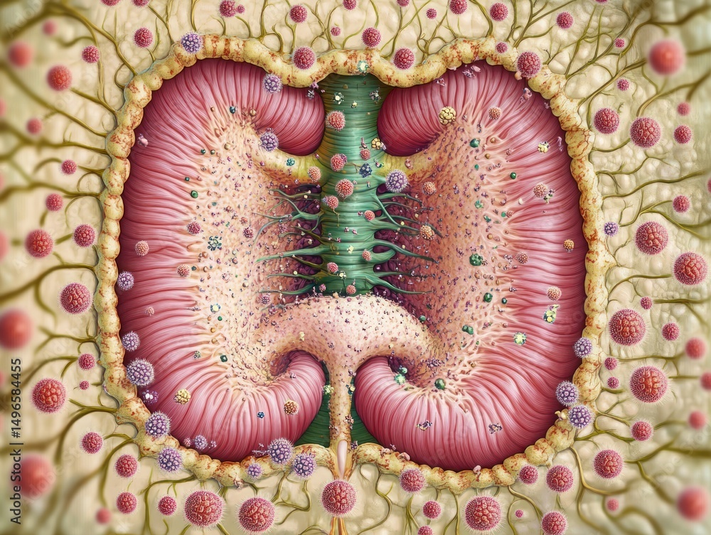 Detailed cross-sectional view of a kidney showing internal structures ...