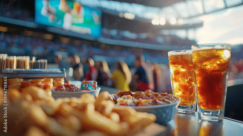 A vibrant concession stand displays various snacks in a lively stadium ...