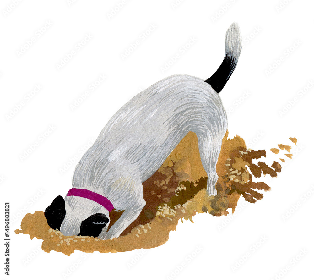 Funny hand-painted illustration of a white dog digging a hole with its ...