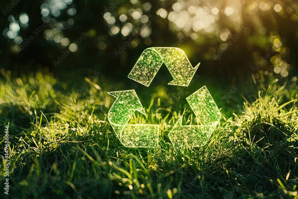 bright recycling sign shining on fresh grass, capturing the mood of ...