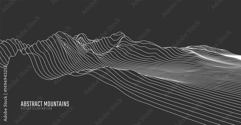 Contour mountain landscape. Waved line art. Abstract minimal ...