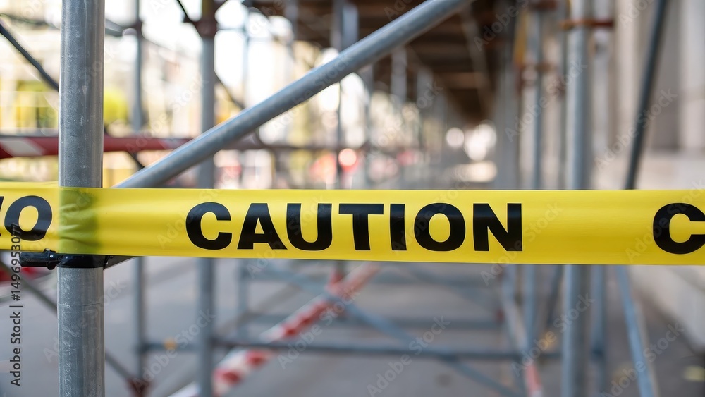 construction worker steel beam building process. Caution tape surrounds ...