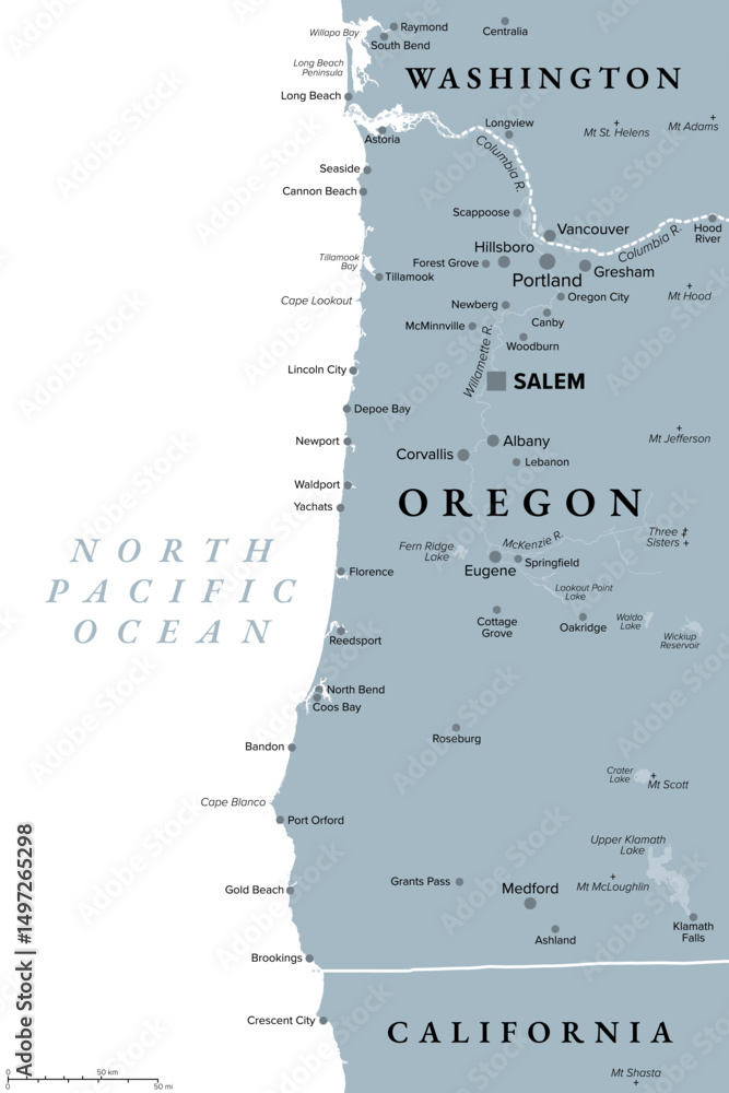 Oregon Coast, gray political map. Coastal region of U.S. state of ...
