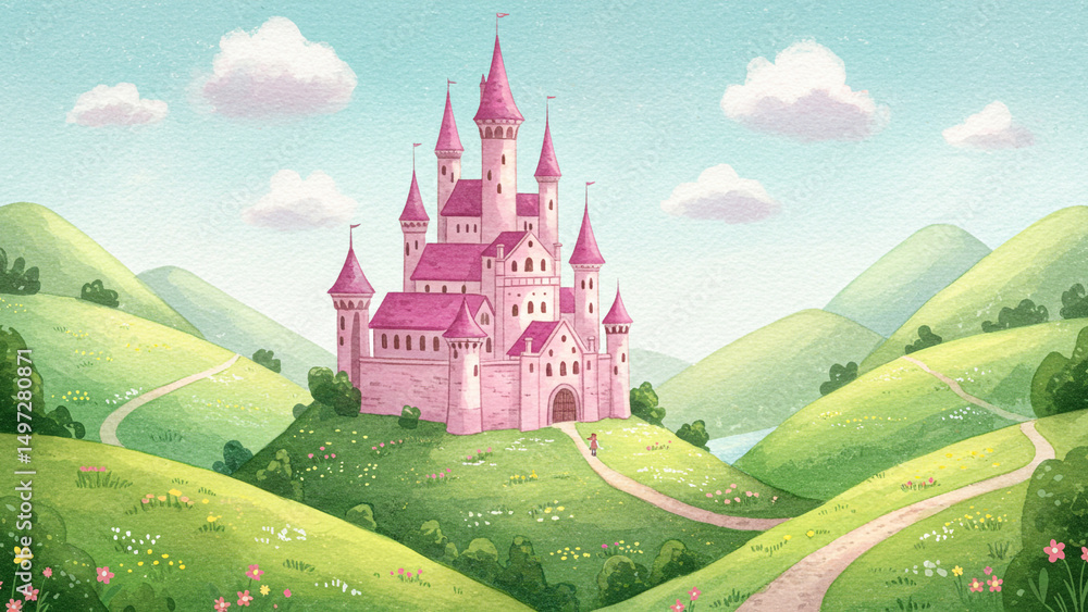 Fairytale illustration of a pink princess castle on a green hill under ...