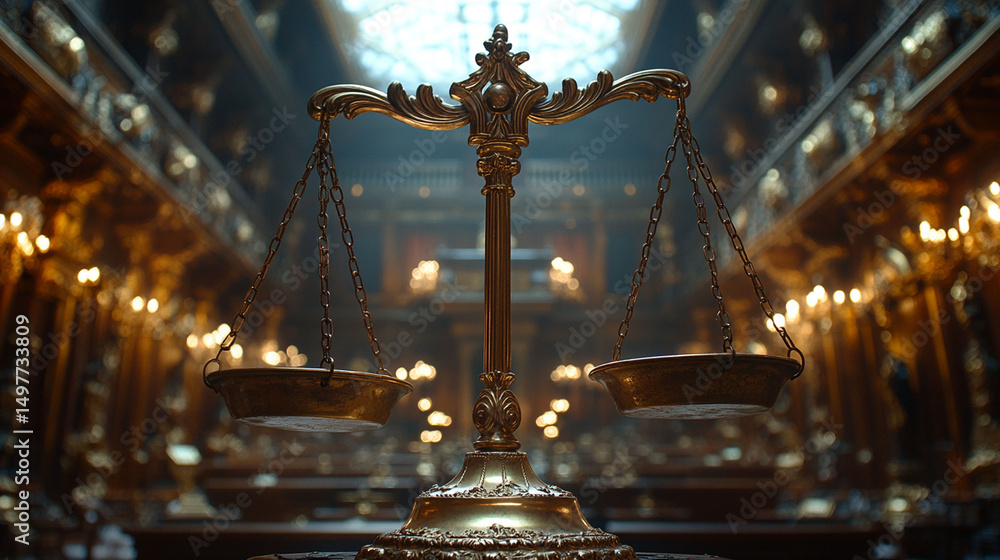 Ornate gold-toned balance scale in a grand hall, focusing on the scales ...