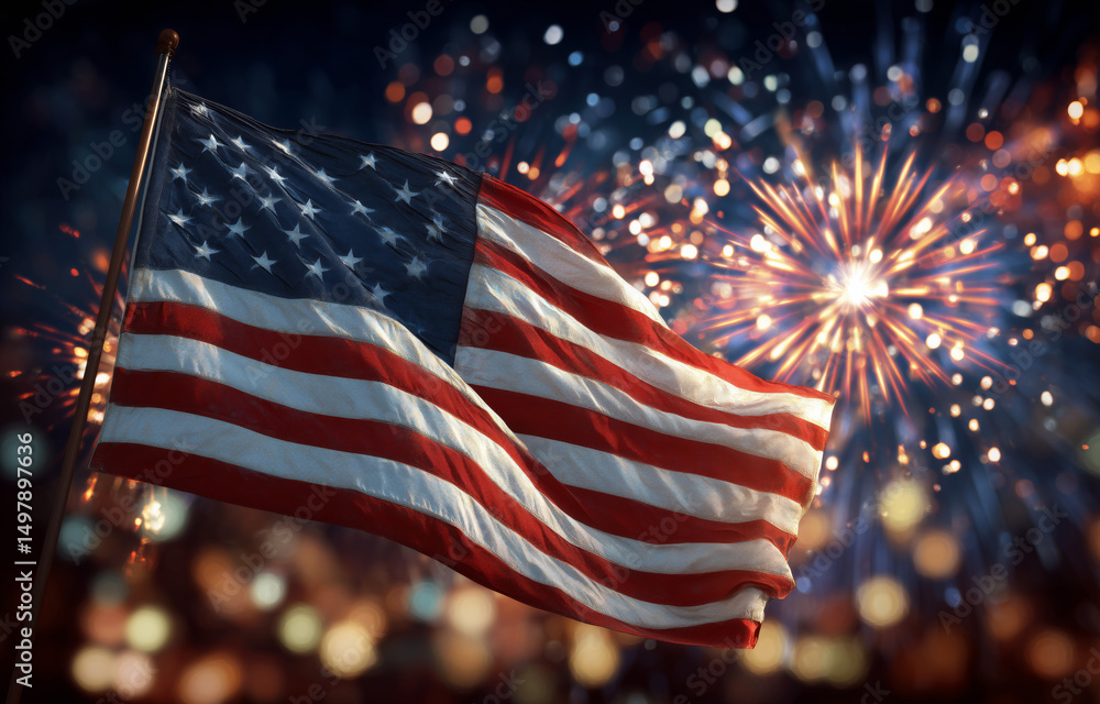 Fourth of July Fireworks with waving American Flag, USA Independence ...