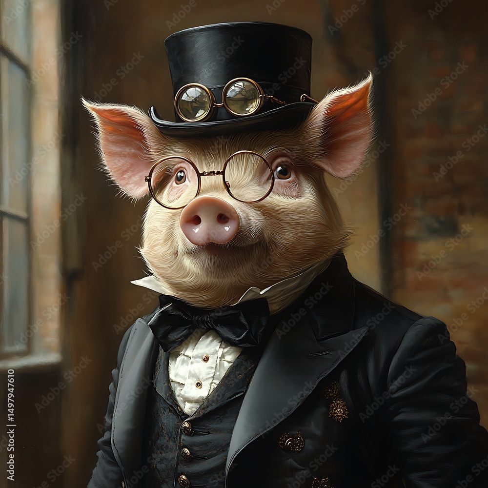 A dapper pig wearing glasses and top hat standing suitably in an ...