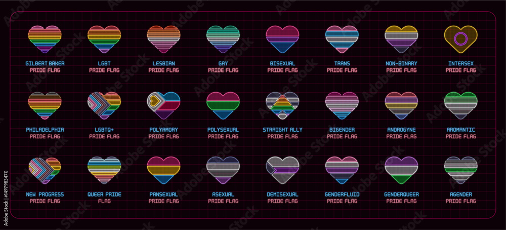 Pride flags complete set, coloful neon heart shapes. Queer pride month ...