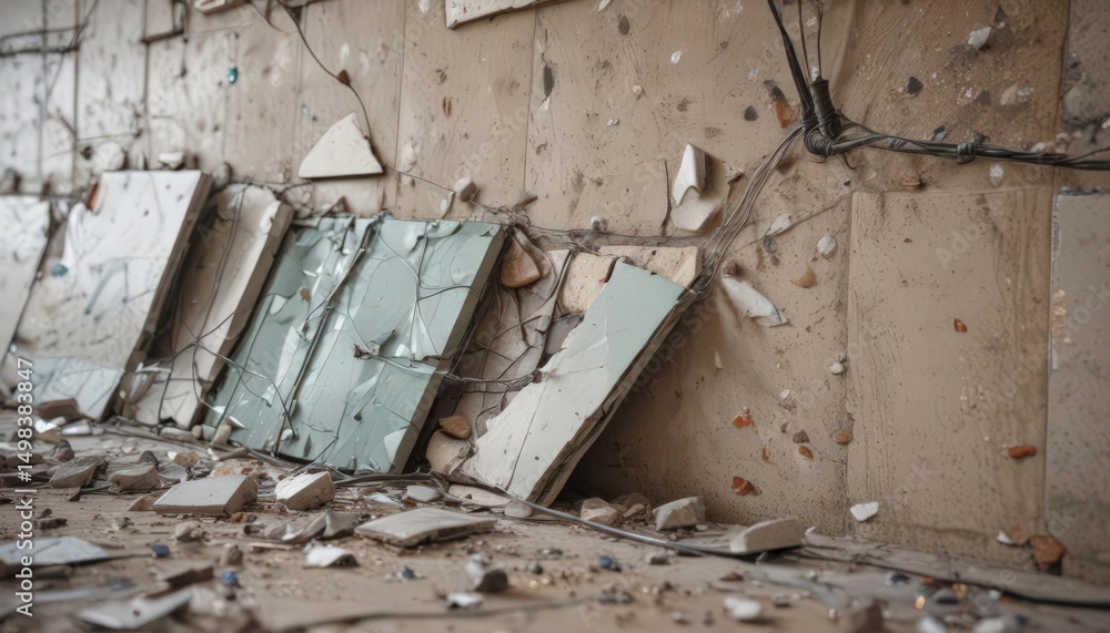 Broken ceramic tiles, glass shards Exposed electrical wires, dust ...