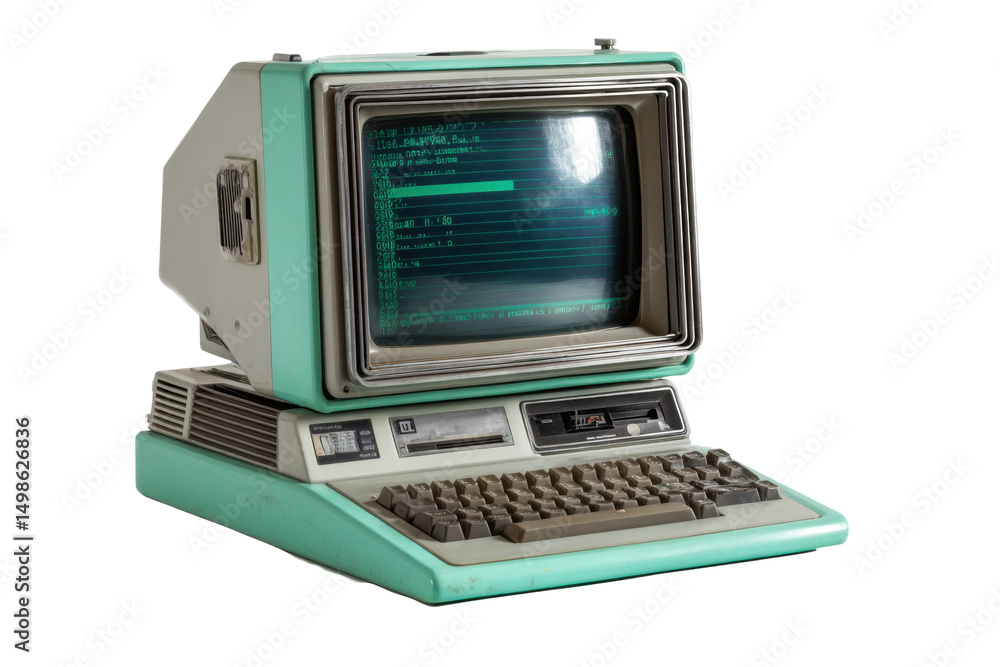Vintage retro computer with green screen and keyboard from 1980s ...