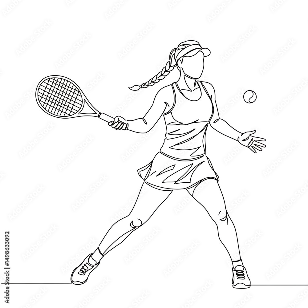 Continuous line drawing of female tennis player in action pose with ...