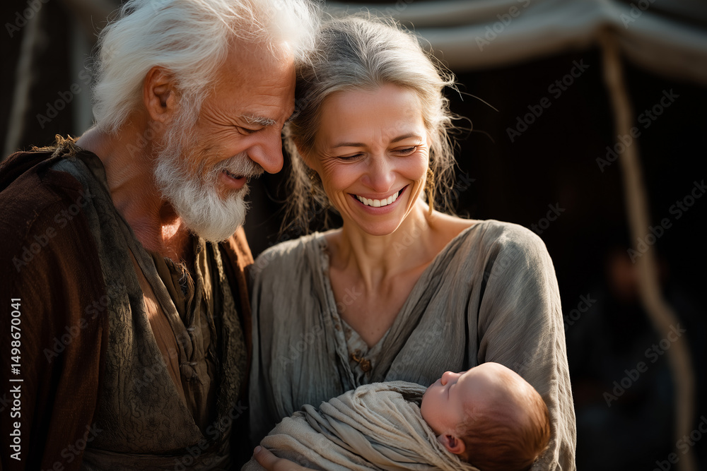 A 100-year-old Abraham and 90-year-old Sarah joyfully holding their ...