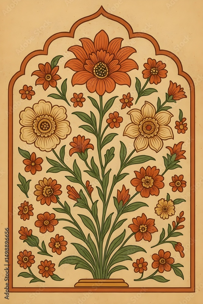 Vintage Rajasthani Floral Motif with Mughal Fantasy Blooms for Elegant ...