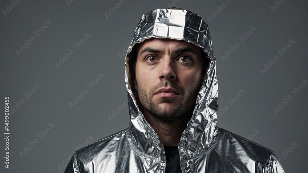 Man in shiny hooded foil suit staring with intense paranoid expression ...