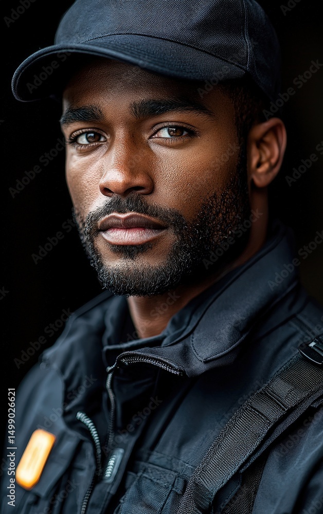 Confident security guard in uniform with cap exhibiting professionalism ...