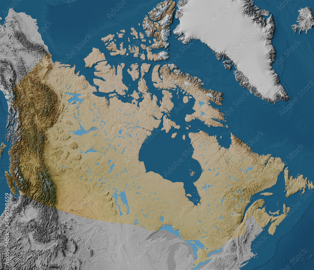 Canada terrain and bathymetry map with satellite imagery, blended ...