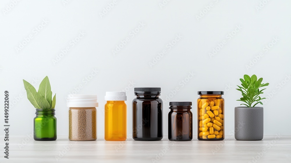 Dietary supplement containers positioned on clean white surface ...