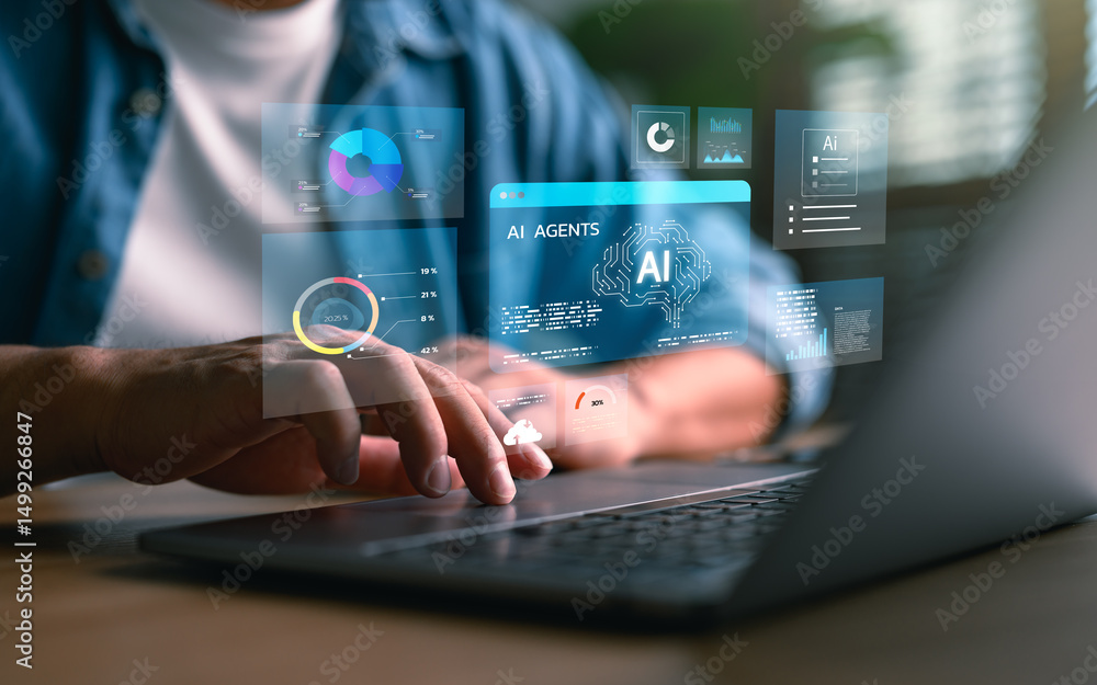 Artificial intelligence concept with AI agents and data analytics dashboard. Man working on ...