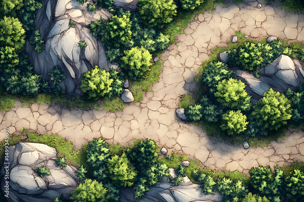 Realistic top view battle map of a mountain curve for DnD. Crossroad ...