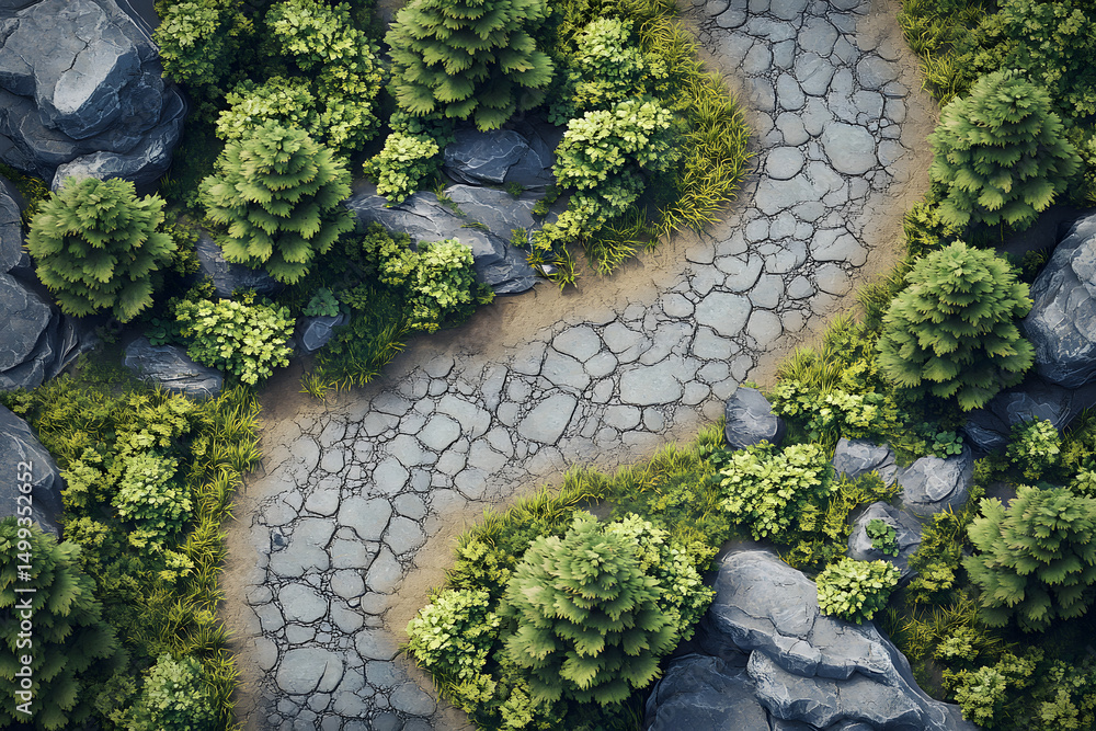 Realistic top view battle map of a mountain curve for DnD. Crossroad ...