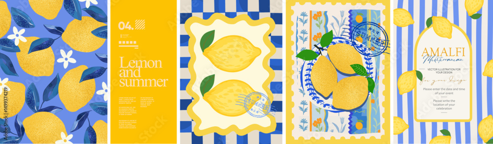 Summer. Lemons. Amalfi. Vector illustration of summer lemon, blue ...
