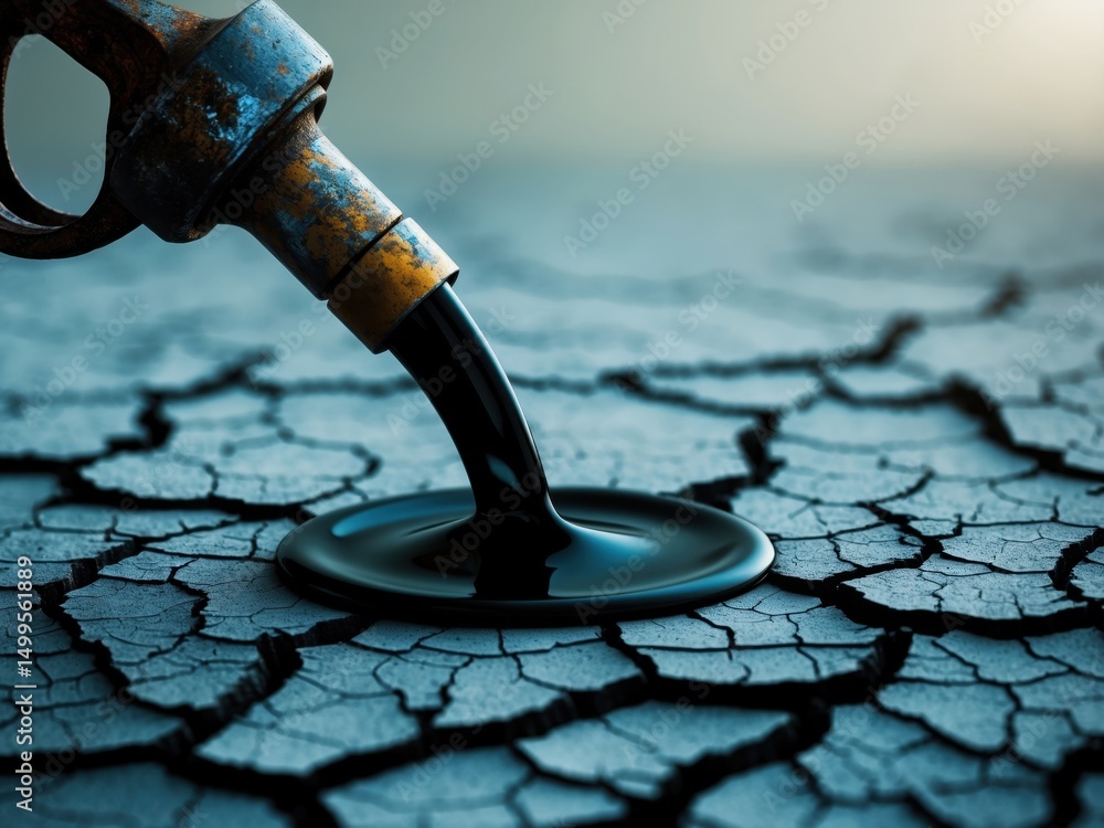 Impact of fossil fuels illustrated by oil seeping into cracked earth in ...