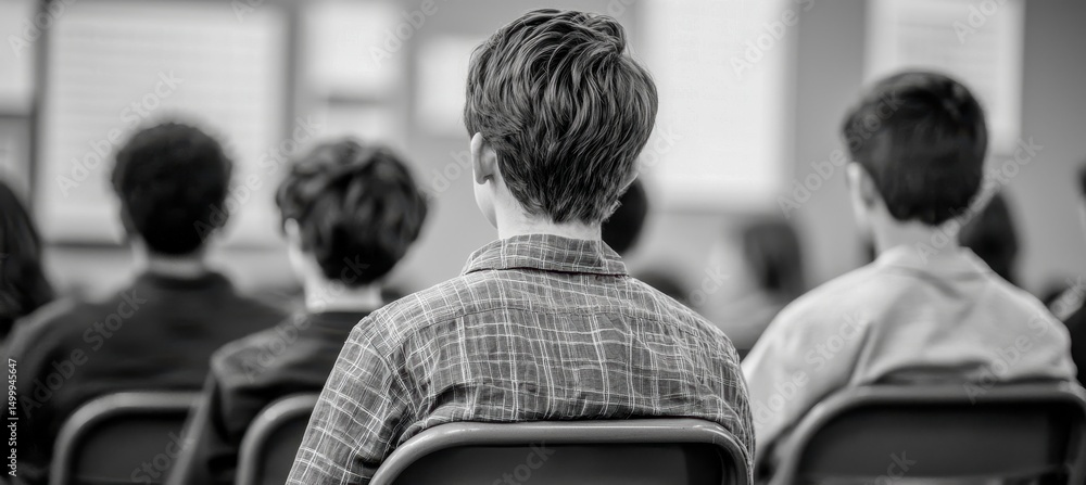 Students sit in rows, facing forward in a classroom setting ...