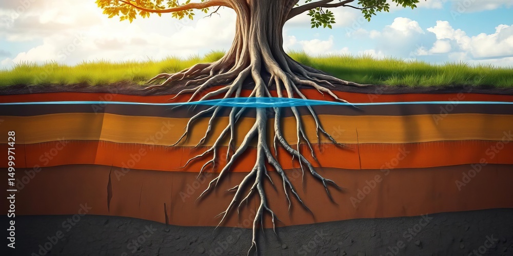 Cross-section view of landscape showing tree roots penetrating soil ...
