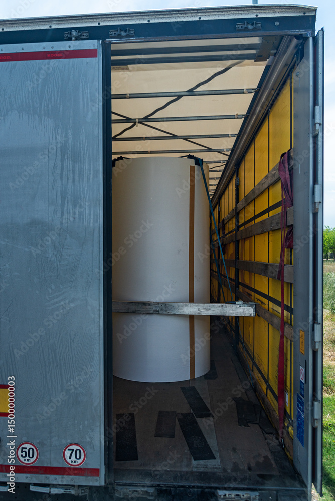 Open rear door of a tarp-covered truck revealing the cargo: a huge ...