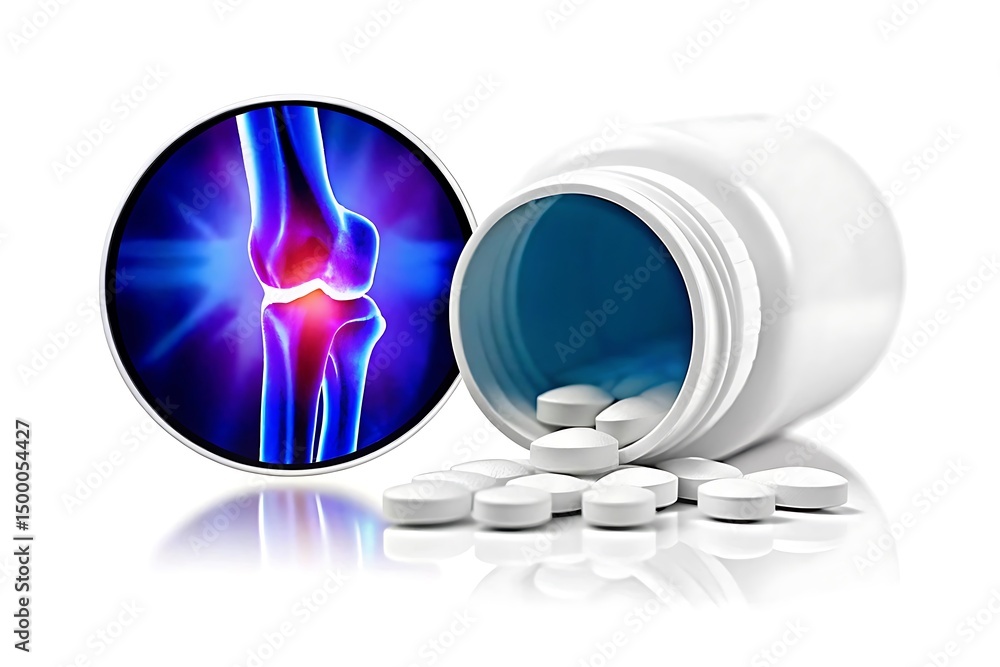 Bottle of white pills next to a knee joint diagram illustrating pain ...