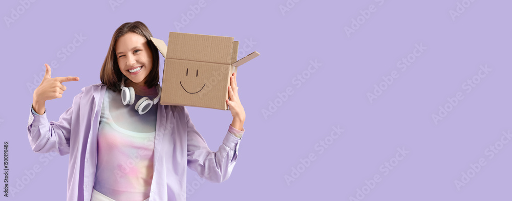 Beautiful young happy woman pointing at parcel box with smile face on ...