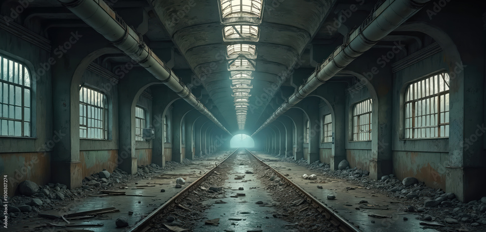 Abandoned subway station illustration. Dark, desolate interior, with ...