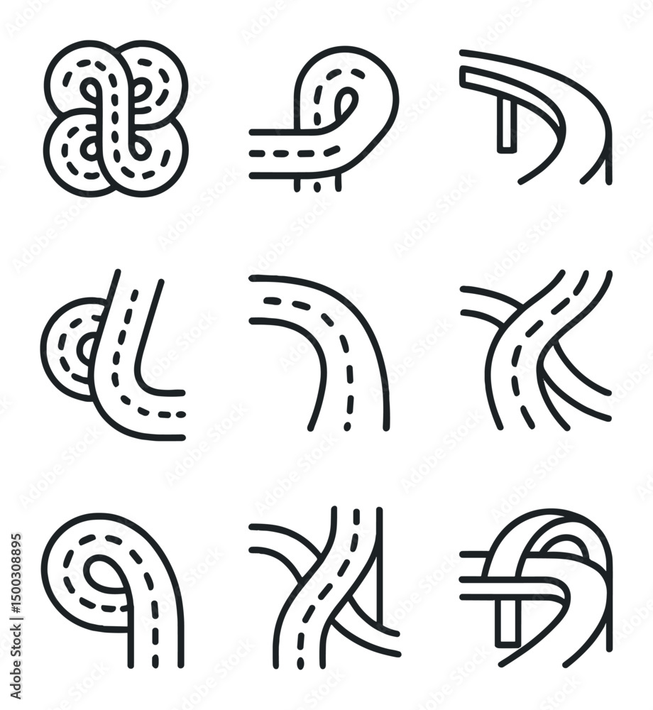 Highway Structure Icons. Outline icon set of curved concrete highway ...