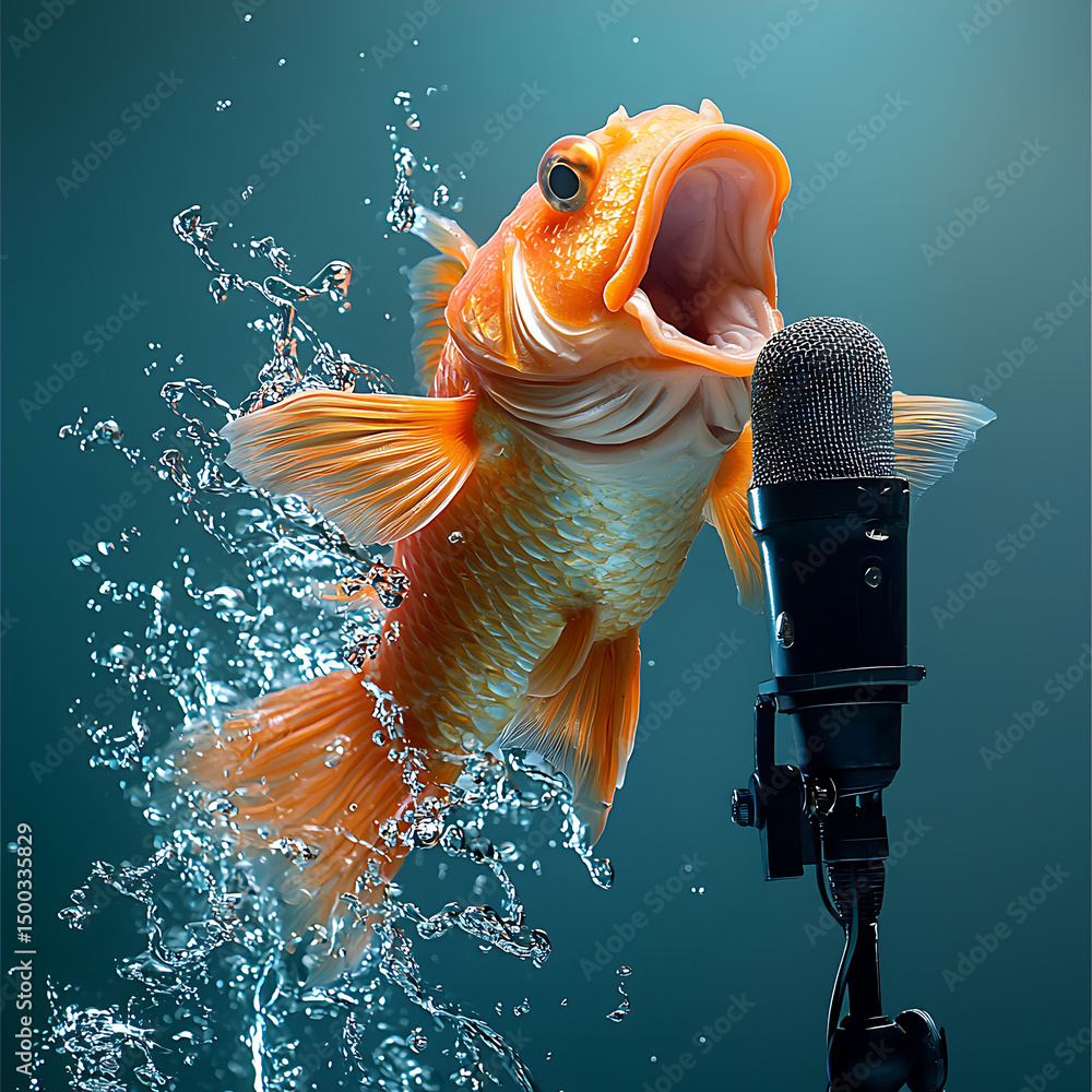 Fish singing into microphone in water, fun concept Stock Photo | Adobe ...