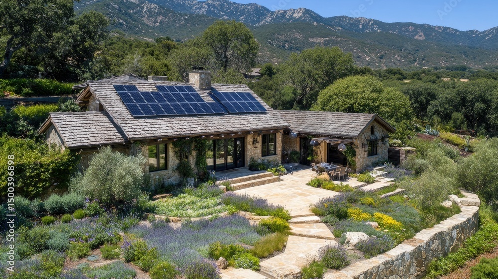 Environmentally responsible house with solar panels and sustainable ...