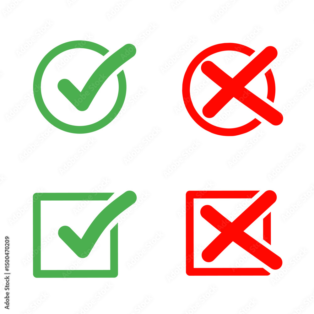 Set of check mark icon buttons. Checkbox icon with true and false buttons, yes or no checkmark ...