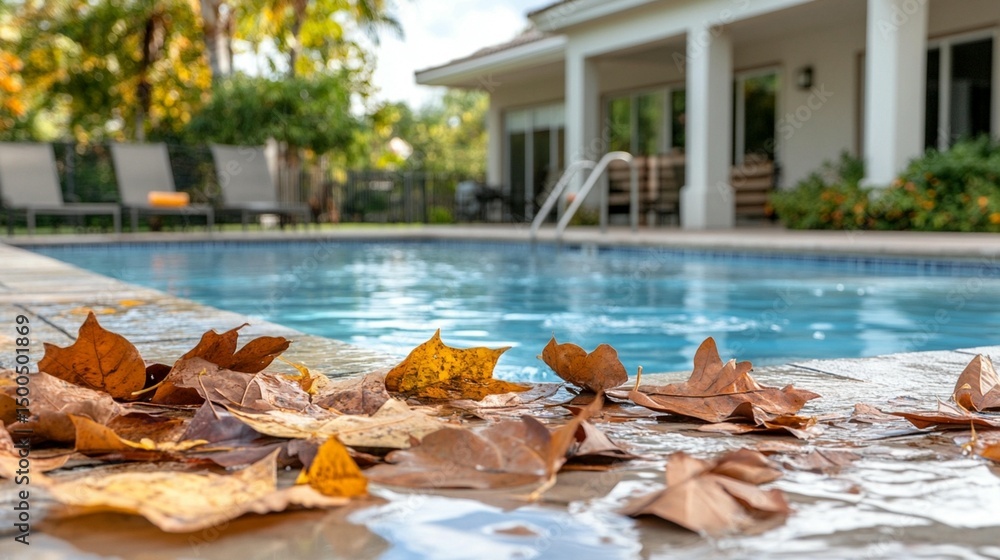 Autumn leaves scattered around a pool's edge, with a house in the ...